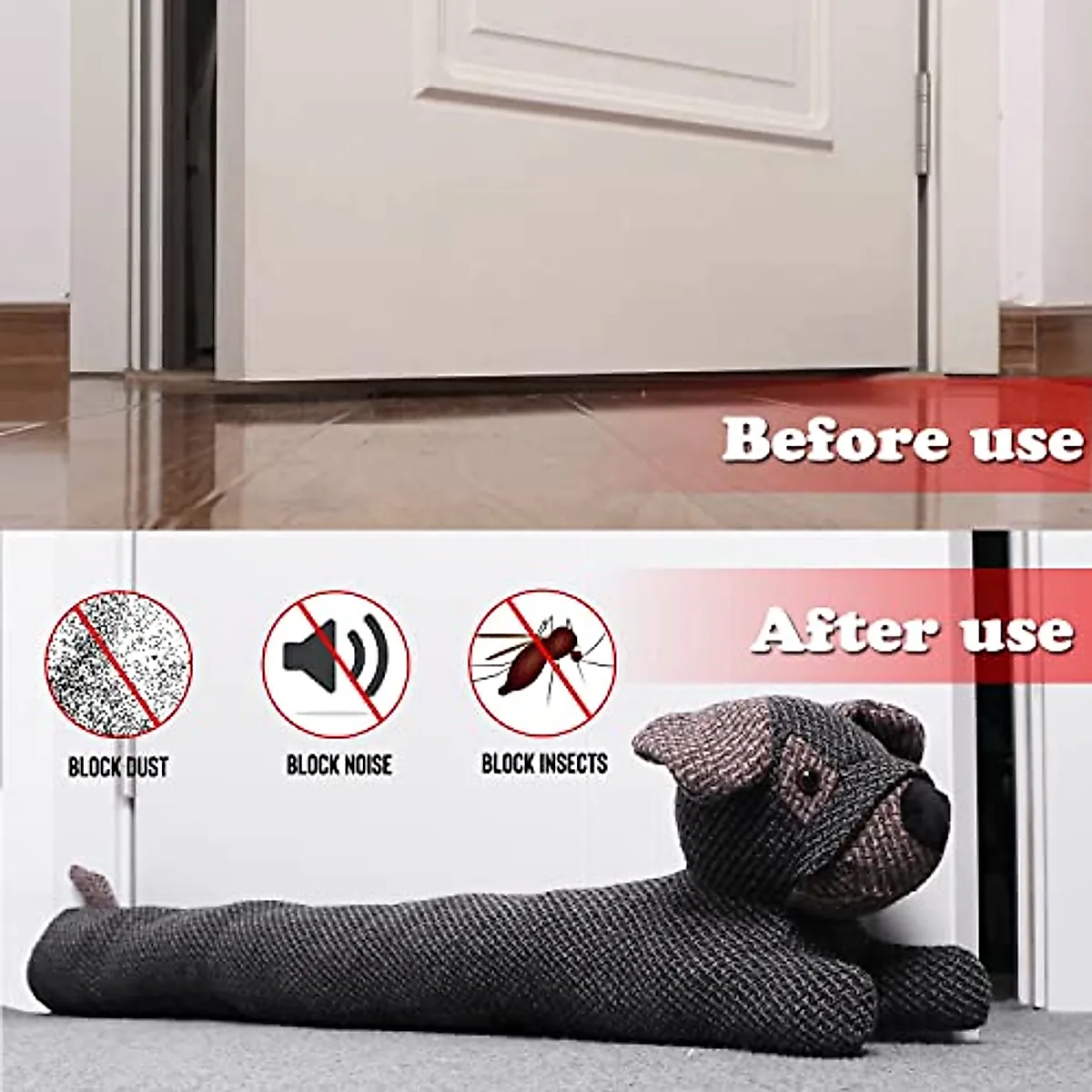 Sanlykate Dog Under Door Draft Stopper for Bottom of Door, 3LB 34-36 Inch Heavy Duty Decorative Animal Fabric Door Draft Blocker, Save Energy Soundproof Seal Guard, Black & Grey