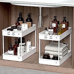 SPACEKEEPER Under Sink Organizer, 2 Tier Under Sink Storage Organizer, Bathroom Standing Rack, Bath Collection Baskets with Hooks, Multi-purpose Storage Shelf, White, 2 Pack