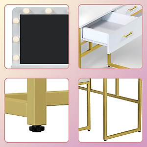 Wildhome Vanity Set with Lighted Mirror,Vanity Desk with 2 Drawers,Makeup Vanity Dressing Table with 9 Lights for Women, Dresser Desk Vanity Set for Bedroom,with Cushioned Stool,Gold (White)