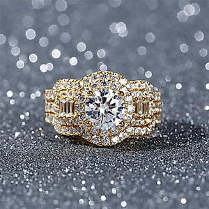 Jeulia 2 Carat Engagement Halo Rings for Women Sterling Silver Round Cut Bridal Set Cubic Zirconia Wedding Diamond Band Rings Promise Anniversary Rings for Her (Yellow gold, 10.5)