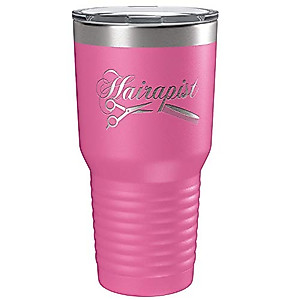 IE Laserware Hairapist in Pink for your stylist, hairdresser or barber. 30 oz Double Wall Vacuum Insulated Sweat Free with lid keep drink cold for 24 Hours