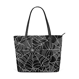 Leather Tote Bag for Women with Zipper Handbags Shoulder Bag Spider Web Black Pockets Work Travel Small Office Business