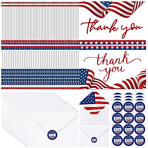 Harloon 600 Pcs Patriotic Thank You Cards with Envelopes 200 American Flag Notecards 200 Envelopes 200 Stickers for Military Veterans Memorial Day Party Favor 4 x 6 Inch