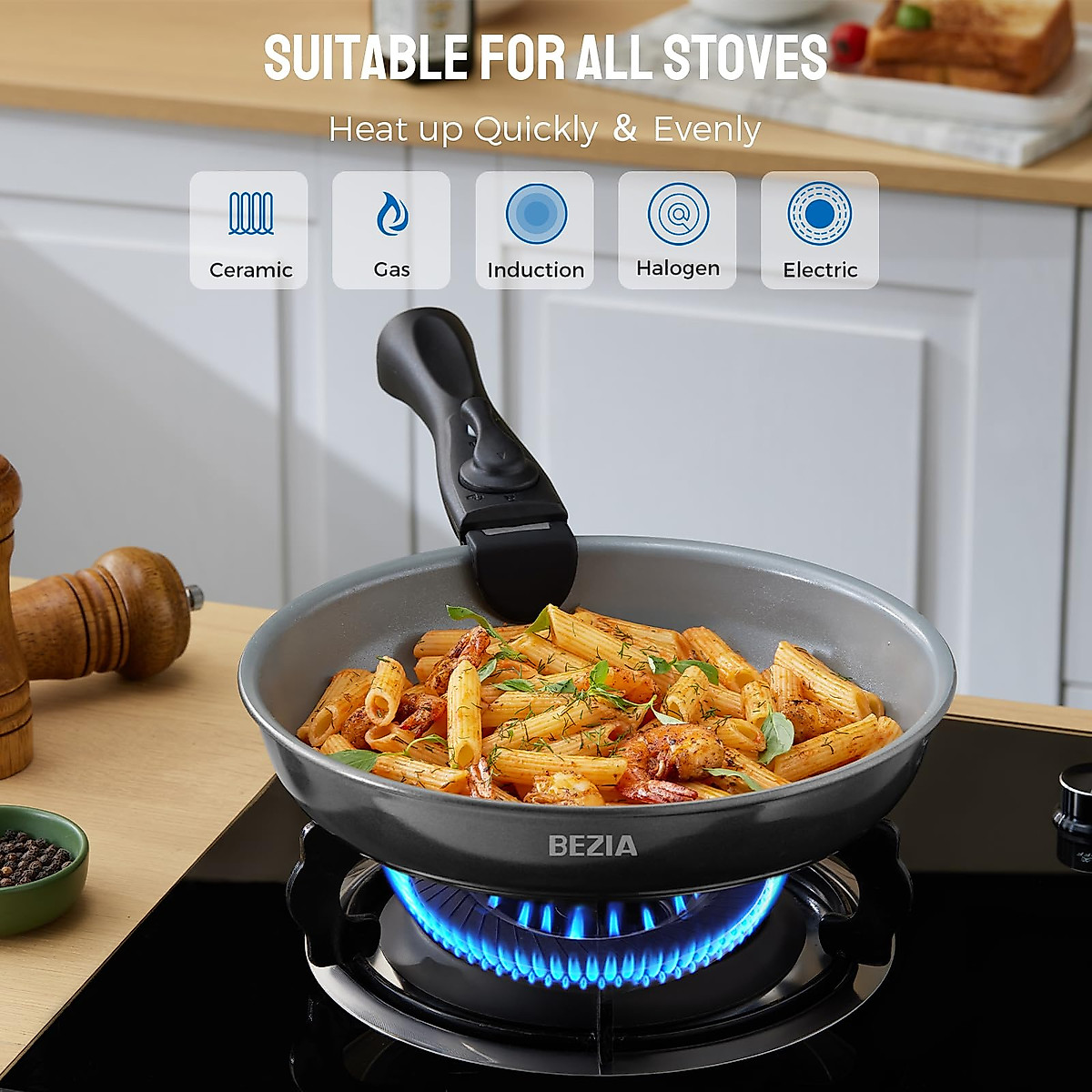 BEZIA Induction Cookware with Healthy Ceramic Coating, Camping Pots and Pans Set Nonstick 10pcs with Detachable Handles, Induction RV Kitchen Set with Removable Handles, Oven Safe