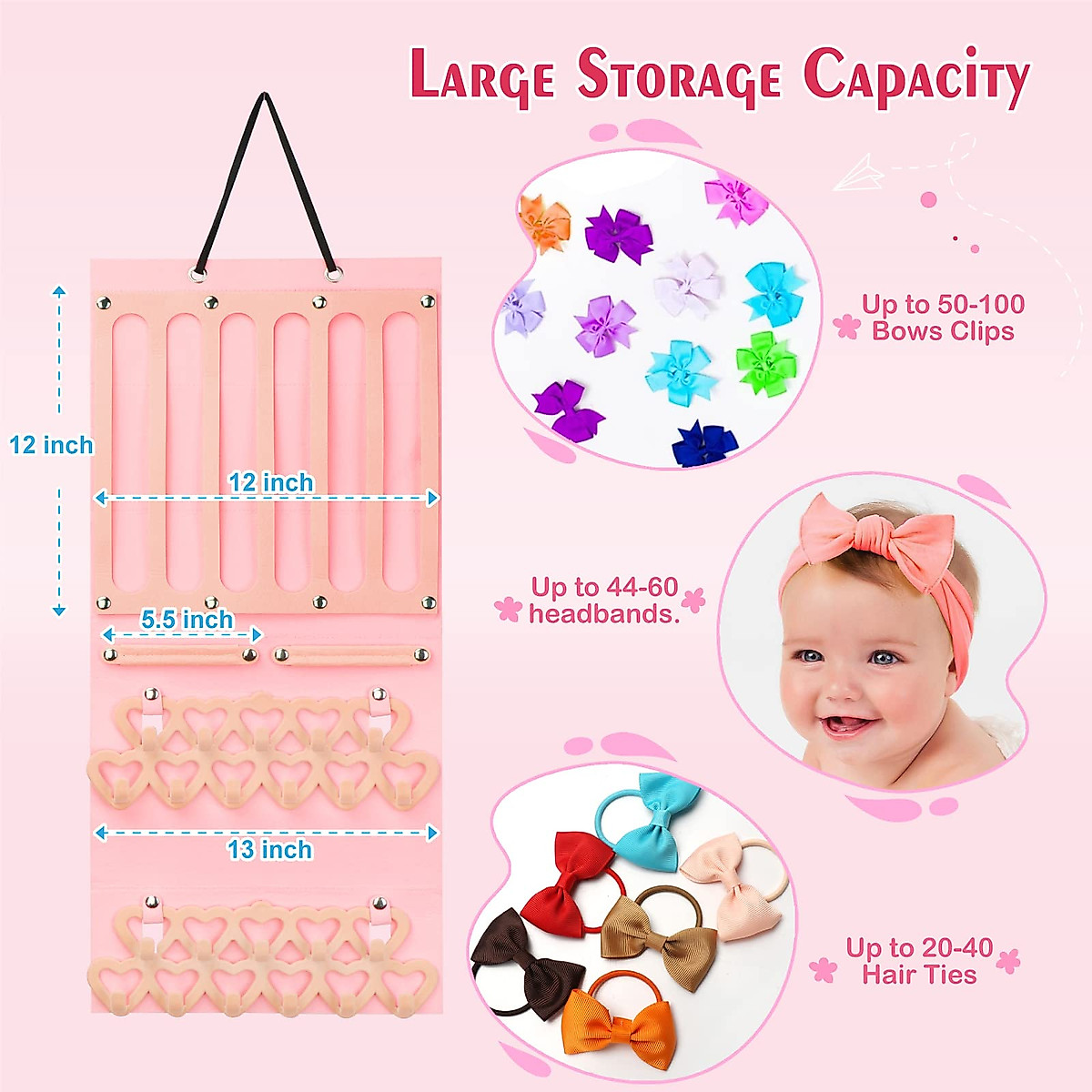 Vimiv Bow Holder for Baby Girls, Bow Headband Holder for Baby,Baby Headband Holder Organizer Hanging Newborn Hair Bow Storage w/Heart-Shape Velvet Hangers for Baby Hair Accessories, Soft Pink