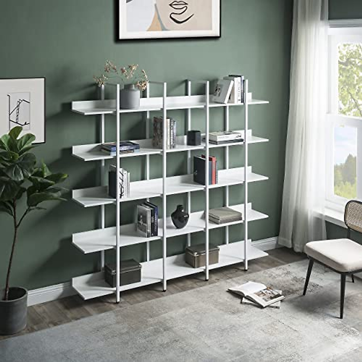 Noskatu Industrial Wide 5-Tier Bookshelf Wood and Metal Bookcase Rustic Vintage Style Bookshelves for Living Room Bedroom Home Office White