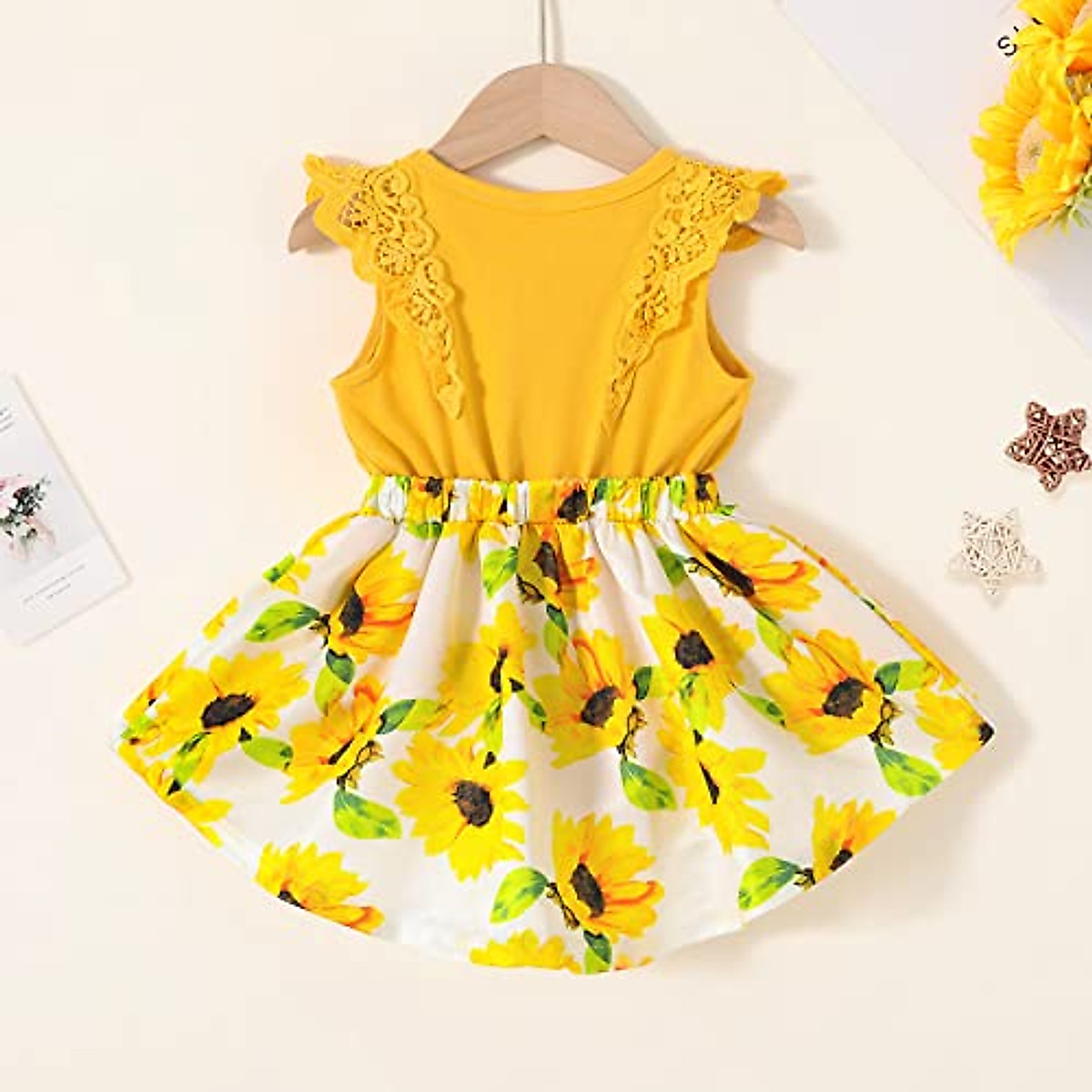 Newborn Infant Baby Girls Floral Dress Flutter Lace Sleeve Skirts Ruffle Dresses Fall Outfits (Yellow # Sunflower B, 3-6 Months)