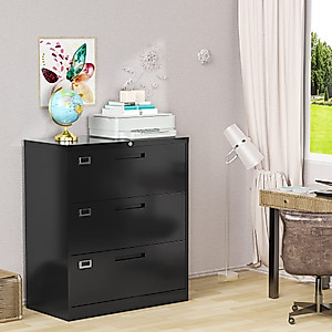 LISSIMO Lateral File Cabinet with Lock, 3 Drawer Metal Storage Filing Cabinet for Hanging Files Letter/Legal/F4/A4 Size, Vertical Files for Home Office (Black)