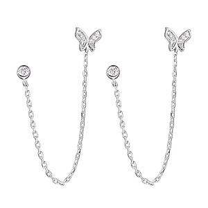 Double Holes Butterfly Halo CZ Small Stud Cuff Wrap Tassel Chain Crawler Climer Dangle Drop Earrings for Women Cartilage S925 Sterling Silver Piercing Animal Jewelry Gifts Daughter Sister