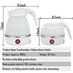 Foldable Electric Travel Kettle - Portable and Convenient Silicone Collapsible Water Boiler and Tea Pot for Camping - Easy Storage with Detachable Power Cord （White）