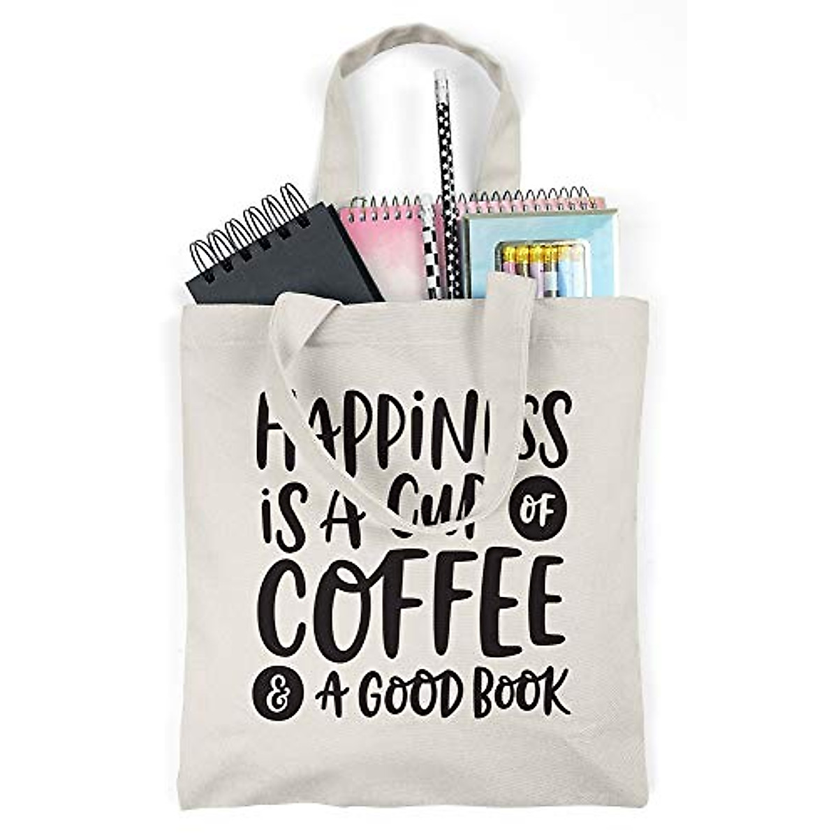 HAPPINESS IS A CUP OF COFFEE & A GOOD BOOK - Canvas Tote Bag Ideal Book Gift! Readers Gift for your favorite bookworm man or woman. Fun literary gifts for friends that love book related quotes!