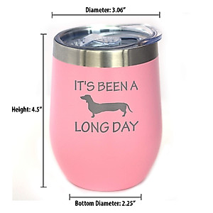 Been a Long Day - Dachshund Wine Tumbler with Sliding Lid - Stemless Stainless Steel Insulated Cup - Cute Funny Mug for Coworkers or Boss - Pink