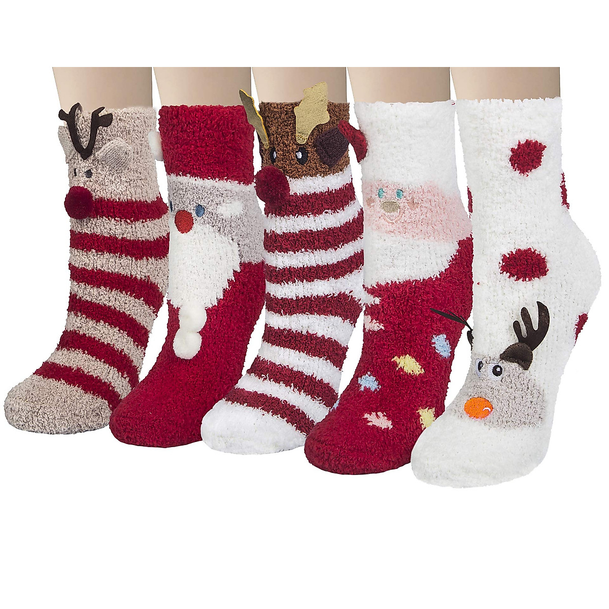 Loritta 5 Pairs Womens Fuzzy Socks Winter Warm Cozy Fluffy Super Soft Slipper Socks,D3-Christmas Animals