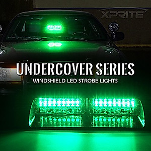 Xprite LED High Intensity Windshield Dash Emergency Strobe Lights w/Suction Cups for Police Law Enforcement Vehicles Truck Interior Roof Hazard Warning Flash Light Green (Others Color Available)