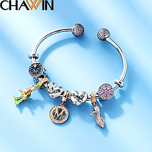 CHAWIN Initial M Letter Charms, Alphabet Charms Rose Gold, Authentic 925 Sterling Silver Charms fit Pandora Charm Bracelets, Necklace, Circle Dangle Charm Gift for Women, Sparkling Clear Stones