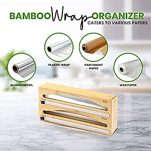 Utopia Kitchen 2 in 1 Plastic Wrap Dispenser with Cutter, Aluminum Foil and Plastic Wrap Organizer with Cutter, Bamboo Dispenser for Kitchen Organization and Storage - Fits 12 Inch Rolls - Natural