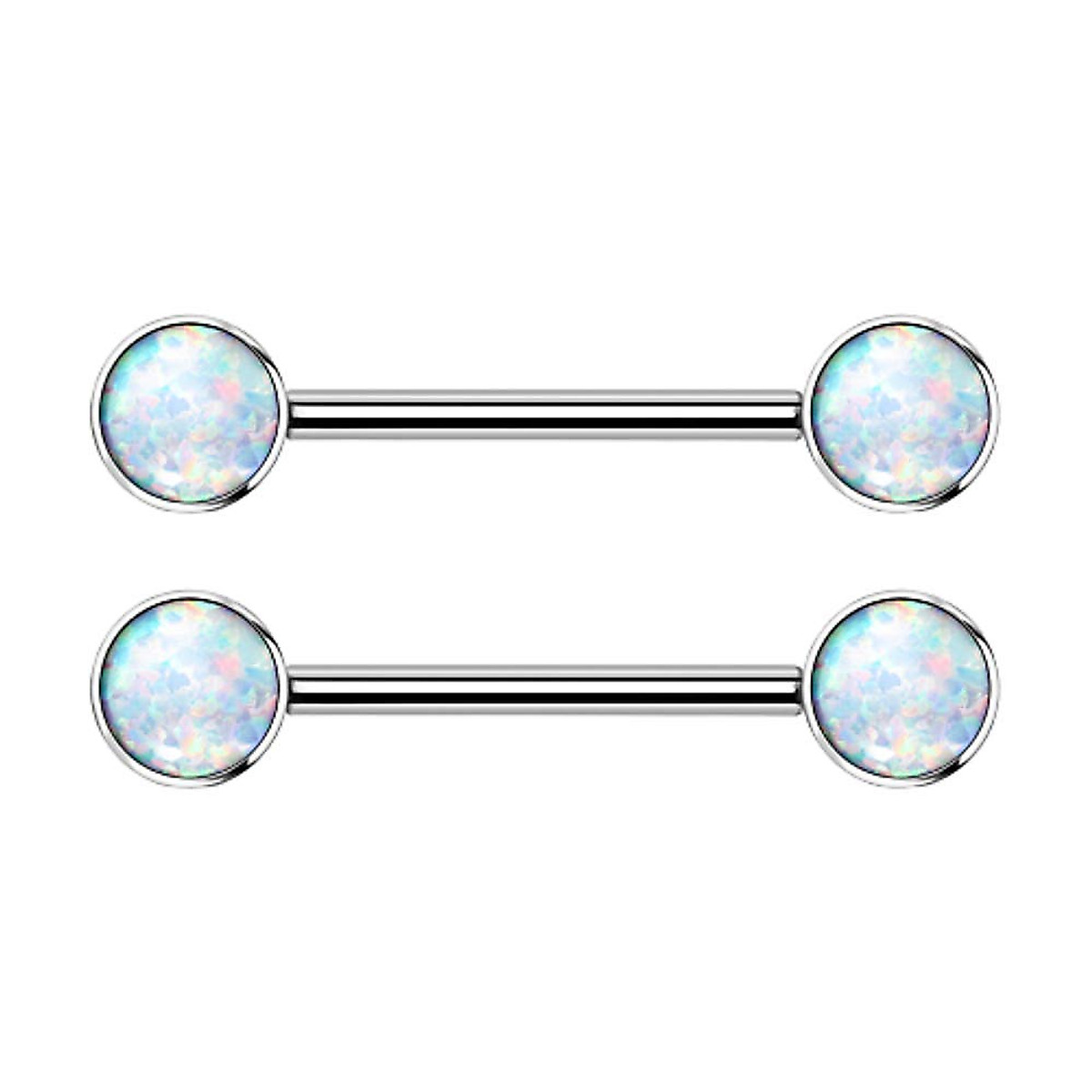 Pierced Owl 14G Implant Grade Titanium Internally Threaded Bezel Set Synthetic Opal Nipple Barbells, Sold as a Pair (White)