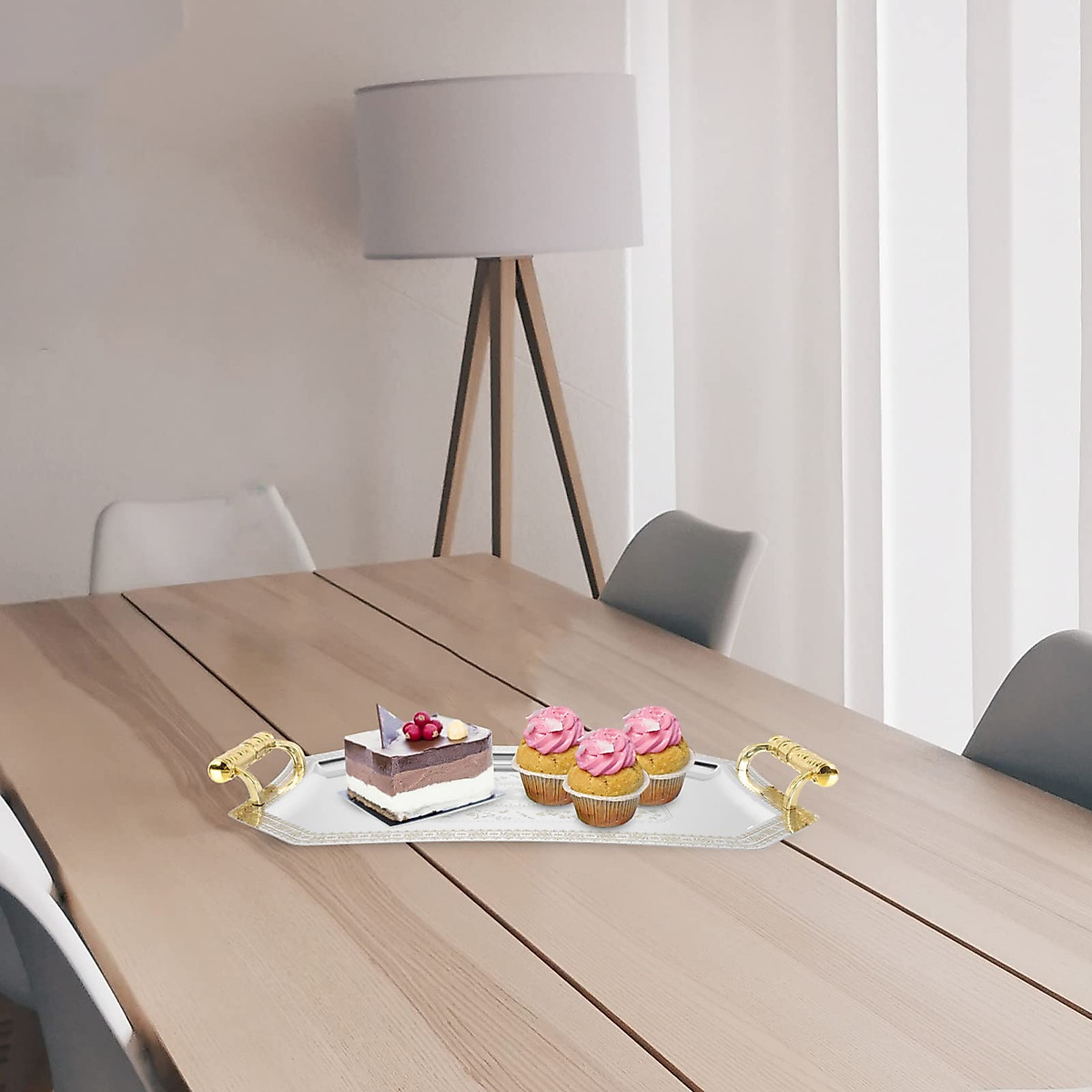 Cabilock Cake Platter Stainless Steel Serving Trays Food Platter Jewelry Tray with Handles Farmhouse Butler Platters for Appetizer Coffee Candle Perfume 35. 7x25cm Decorative Tray