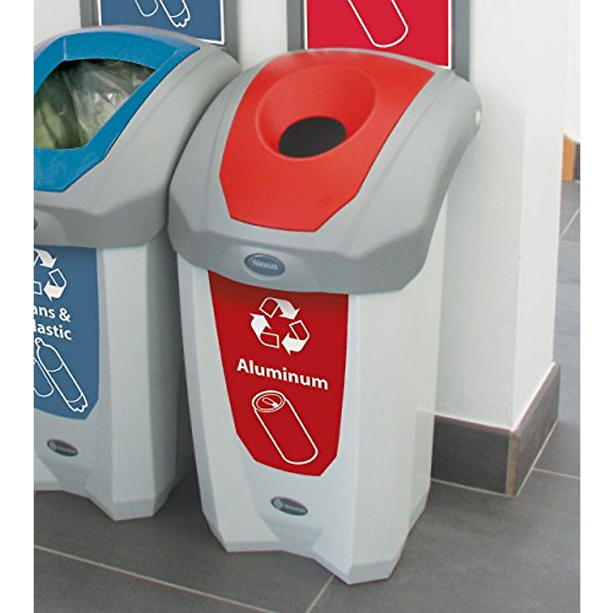 Glasdon Nexus 8G Aluminum Can Recycling Bin (Gray, Red Sticker) – 8-Gallon Plastic Recycling Bin for Used Drinks Cans – Small Aluminum Can Recycling Container