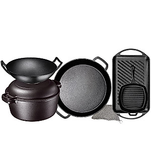 Pre Seasoned Cast Iron 7 Piece Bundle Gift Set, Double Dutch, Rectangular grill Pan, Wok, Large Skillet, Square Grill Pan & Chainmail, Camping Cookware Set