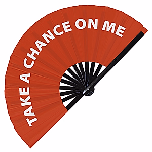 Take A Chance On Me hand fan foldable bamboo circuit hand fan funny gag slang words expressions statement gifts Festival accessories Rave handheld Circuit event fan Clack fans (Red)