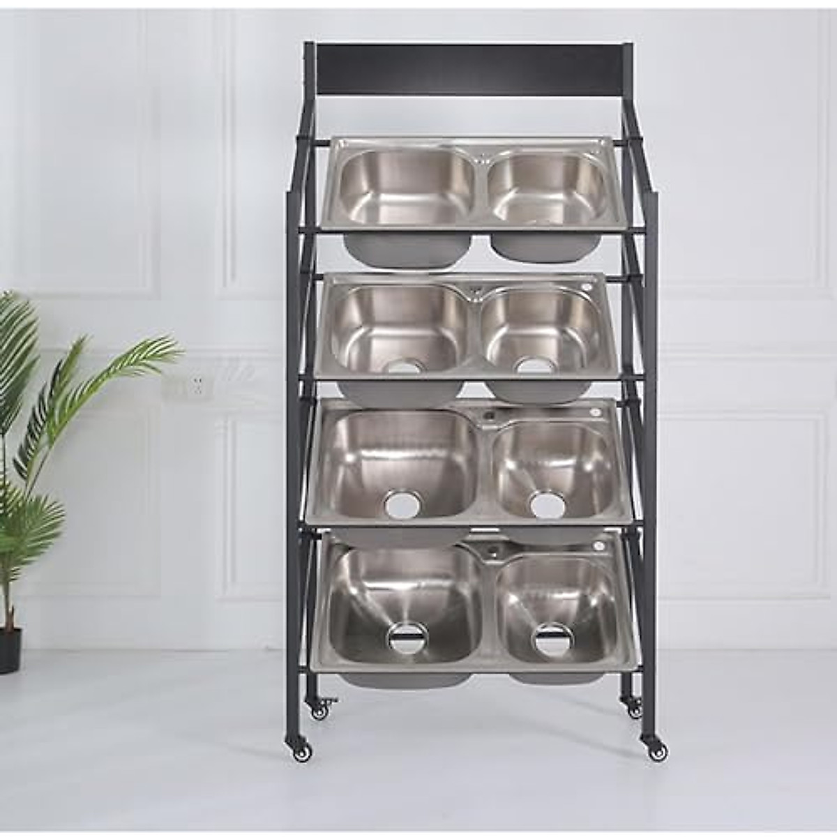 RKUVPAE Washing Hand Basin Display Rack, Free Standing Commercial Kitchen Sink Sample Stand, Utility Double Slot Sink Storage Shelves with Wheels for Home