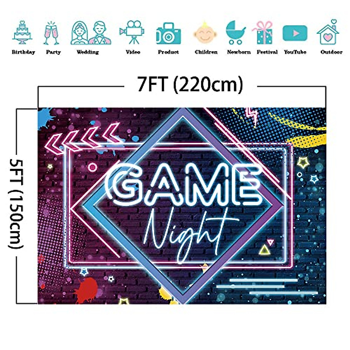 Art Studio 84" x 60" Game Night Birthday Theme Photography Backdrop Glow Neon Sleepover Slumber Prom Party Photo Background Game On Party Banner Cake Table Decor Photo Studio Gift Props