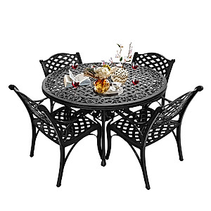 PATIO-IN 48.23" Patio Dinning Table, All-Weather Cast Aluminum Table with 2.36" Umbrella Hole, Patio Furniture Table, Outdoor Dining Table for Backyard and Poolside