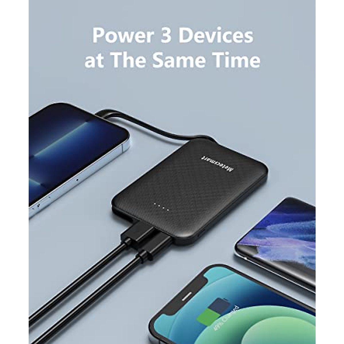 Metecsmart 4500mAh Small Portable Phone Charger, Mini Power Bank Fast Charging, Three Output Type C Input External Battery Pack, Built in a Cable Compatible with iPhone and iPad