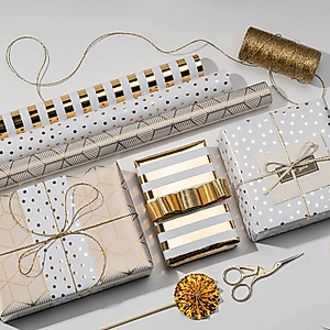 MAYPLUSS Wrapping Paper Roll - Mini Roll - 17 inch X 120 inch Per roll - White & Gold Foil Design (42.3 sq.ft.ttl)