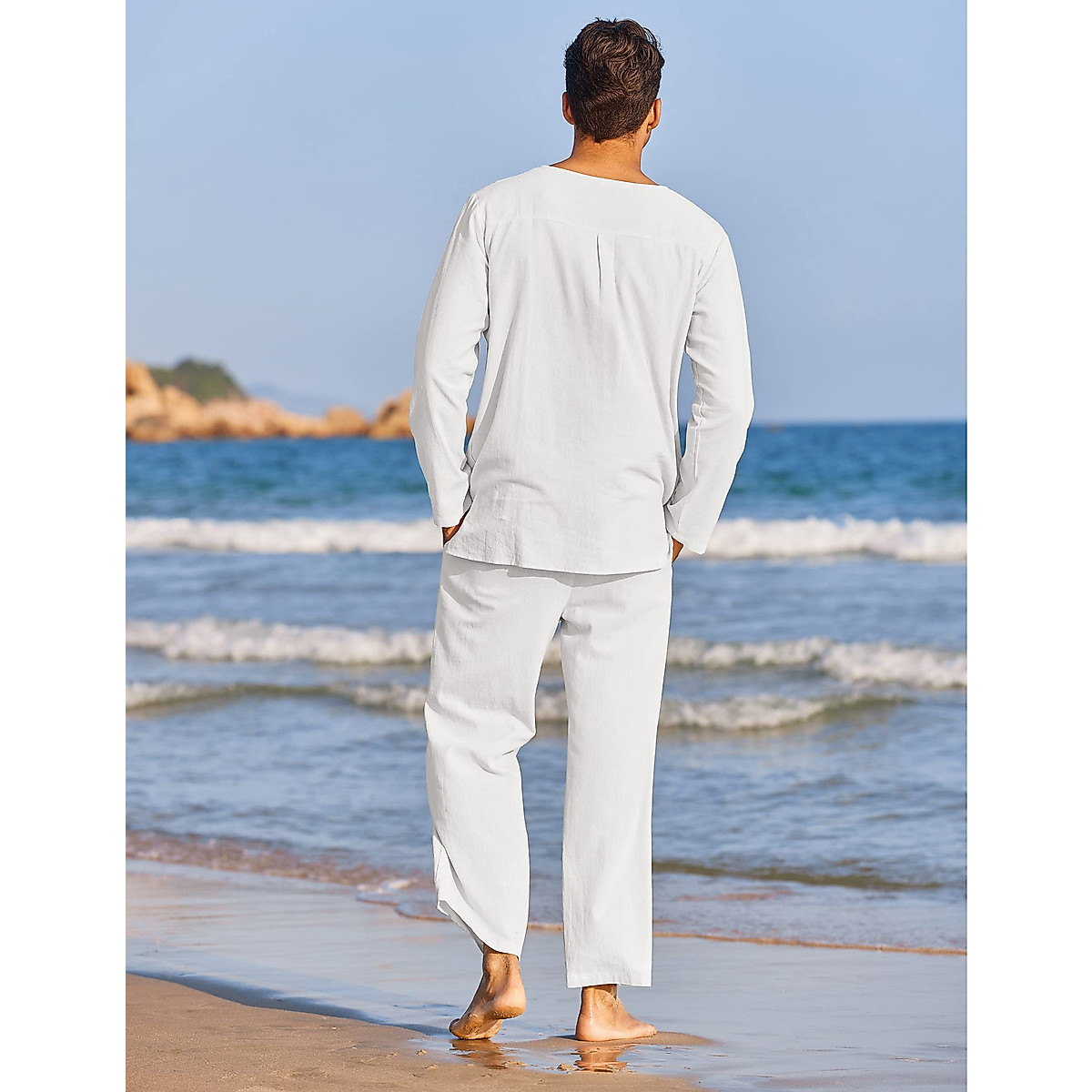 COOFANDY Men's 2 Pieces Cotton Linen Set Henley Shirt Long Sleeve and Casual Beach Pants Summer Yoga Outfits