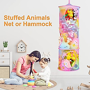 Basumee Stuffed Animals Net or Hammock 2Pcs Hanging Stuffed Animals Storage 3 Compartments Toy Net Hammock for Stuffed Animals Organizer Mesh Stuff Animals Hammock for Kids Girls Room, Rainbow