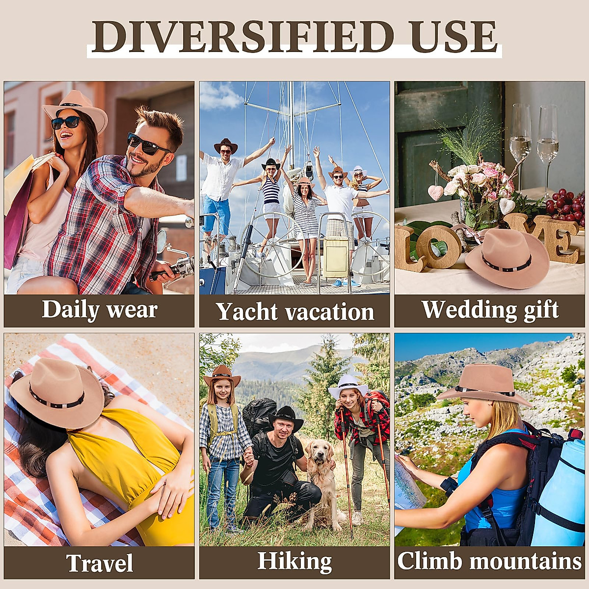 Toulite 5 Pieces Cowboy Hats for Women Men Bulk Classic Western Cowboy Hat Men Felt Wide Brim Cowgirl Hats Women Belt Buckle Panama Hat for Adults Kids