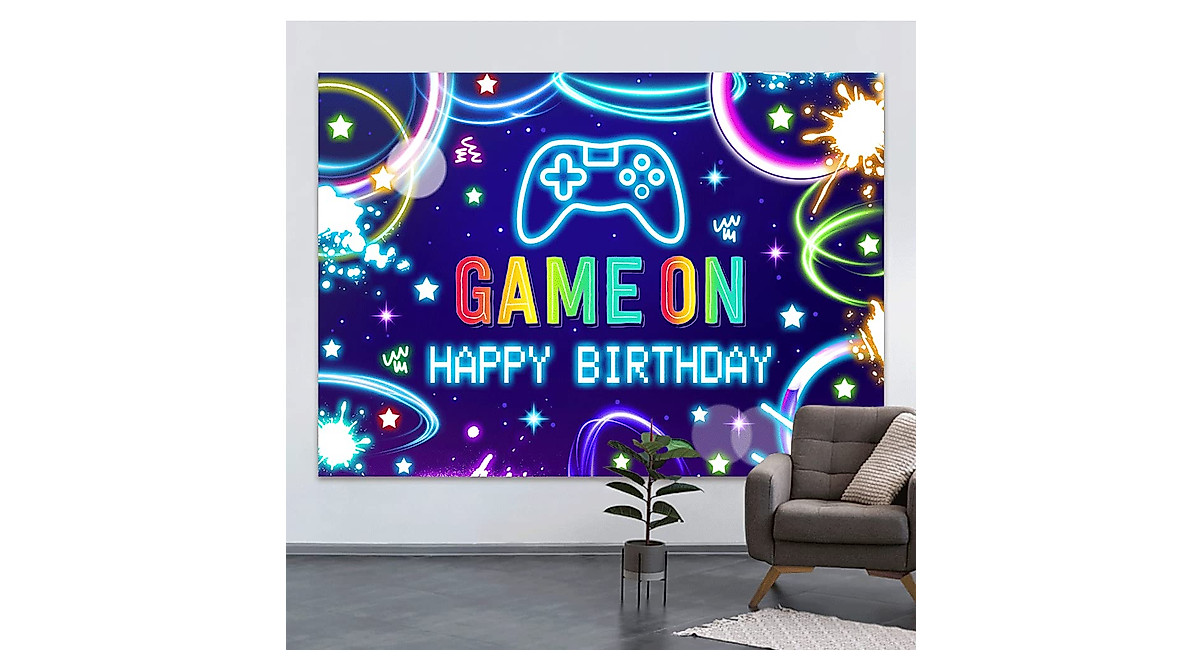 Game On Birthday Backdrop - Vibrant 7x5ft Neon Video Game Theme