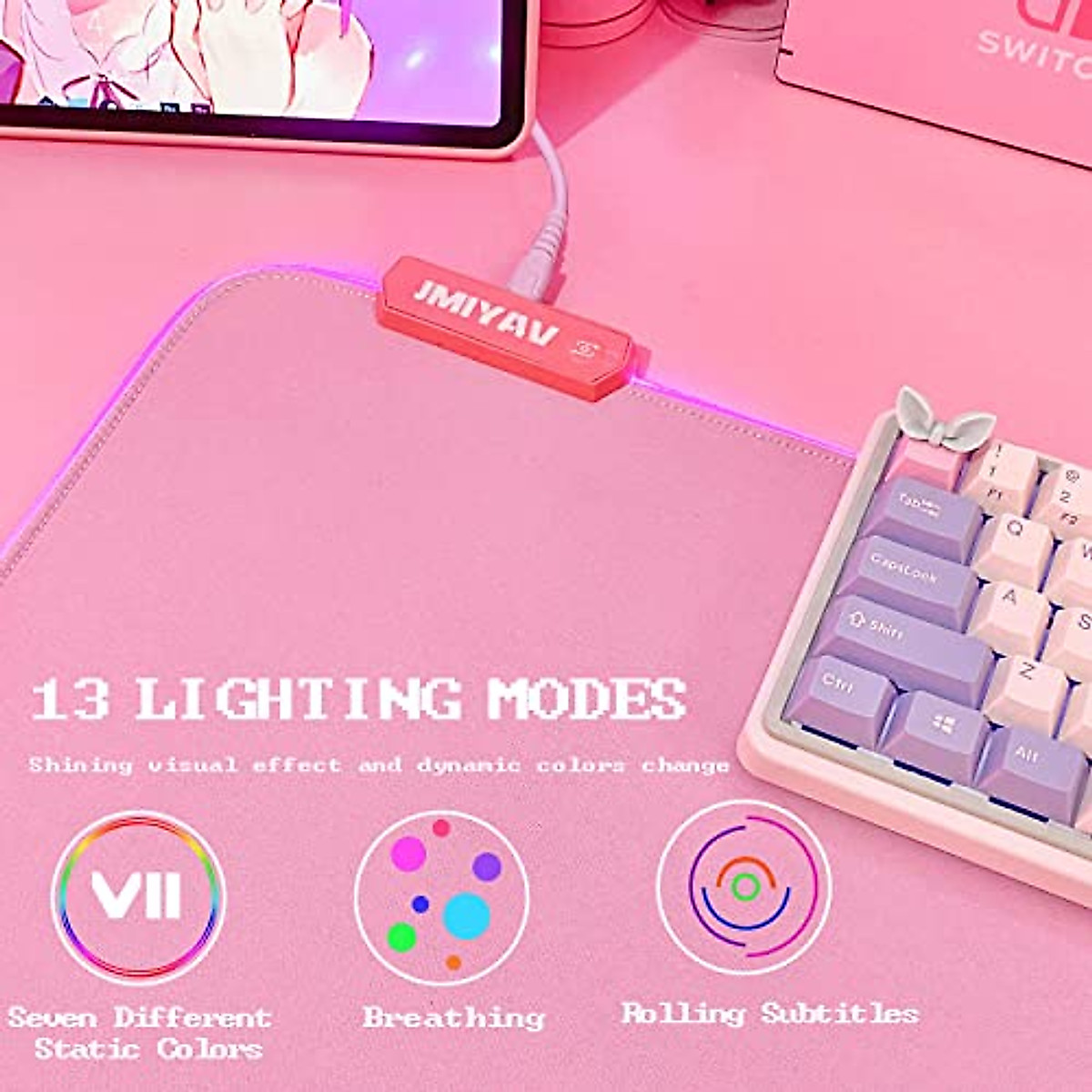 JMIYAV Pink RGB Gaming Mouse Pad 31.5x12 Inch PC XL Large Extended Glowing Led Light Up Desk Pad Non-Slip Rubber Base Computer Mouse Pad Cute Mousepad Mat 31.5x12 Inch Upgrade