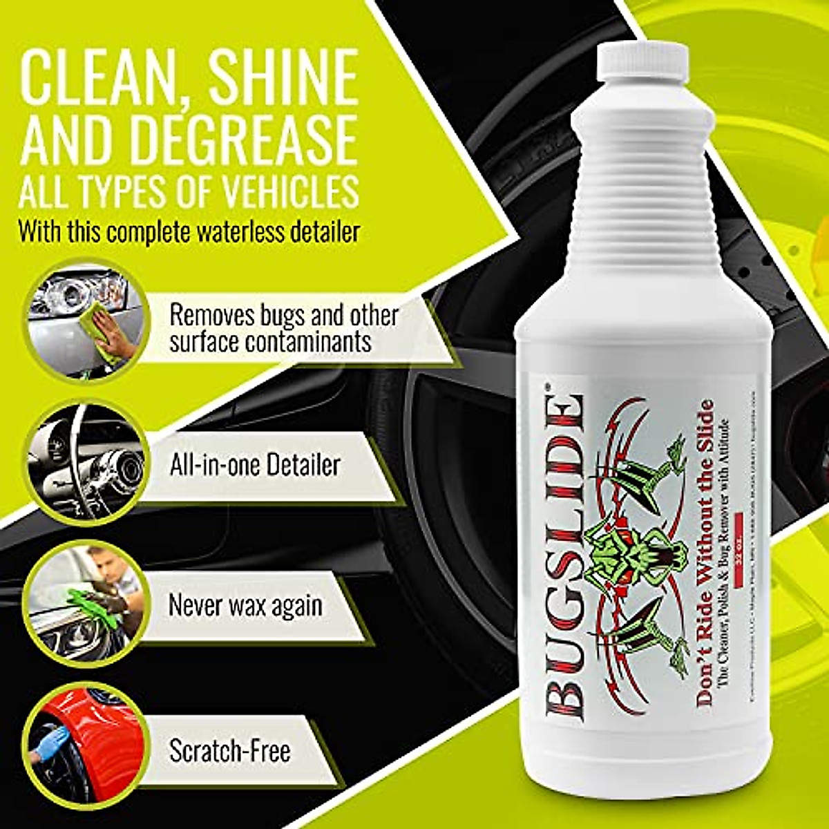 BugSlide 32 Oz Cleaner Refill for Spray Bottles & Travel Kits - Bug Remover, Detailing and Cleaning Solution for all Vehicles, Multisurface Cleaner to Shine and Degrease without Scratching
