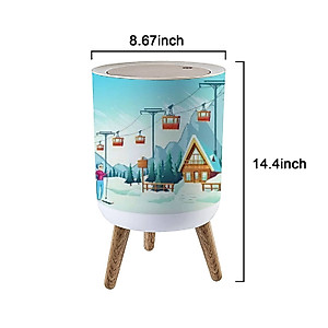Small Trash Can with Lid Winter vacation active weekend leisure in mountain resort cartoon Waste Bin with Wood Legs Press Cover Wastebasket Round Garbage Bin for Kitchen Bathroom Bedroom Office
