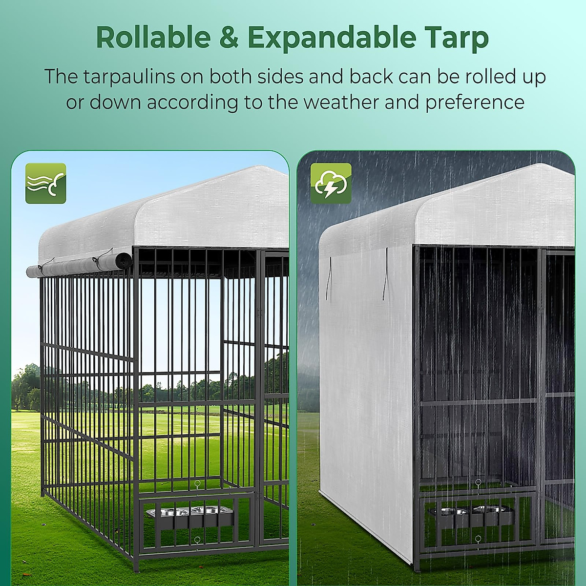 Lyromix Dog Kennel Outdoor with Waterproof Roof and Rotating Feeding Doors, Outdoor Dog Kennel Playpen Crate with Secure Lock and Bowls, Large Heavy Duty Welded Wire Dogs Run Enclosure, 6.6'×3.9'×5.9'