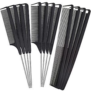 Patelai 12 Pieces Parting Comb for Braids Rat Tail Steel Pintail Fine Teeth Heat Resistant Teasing Combs with Stainless Steel Pintail(Black)
