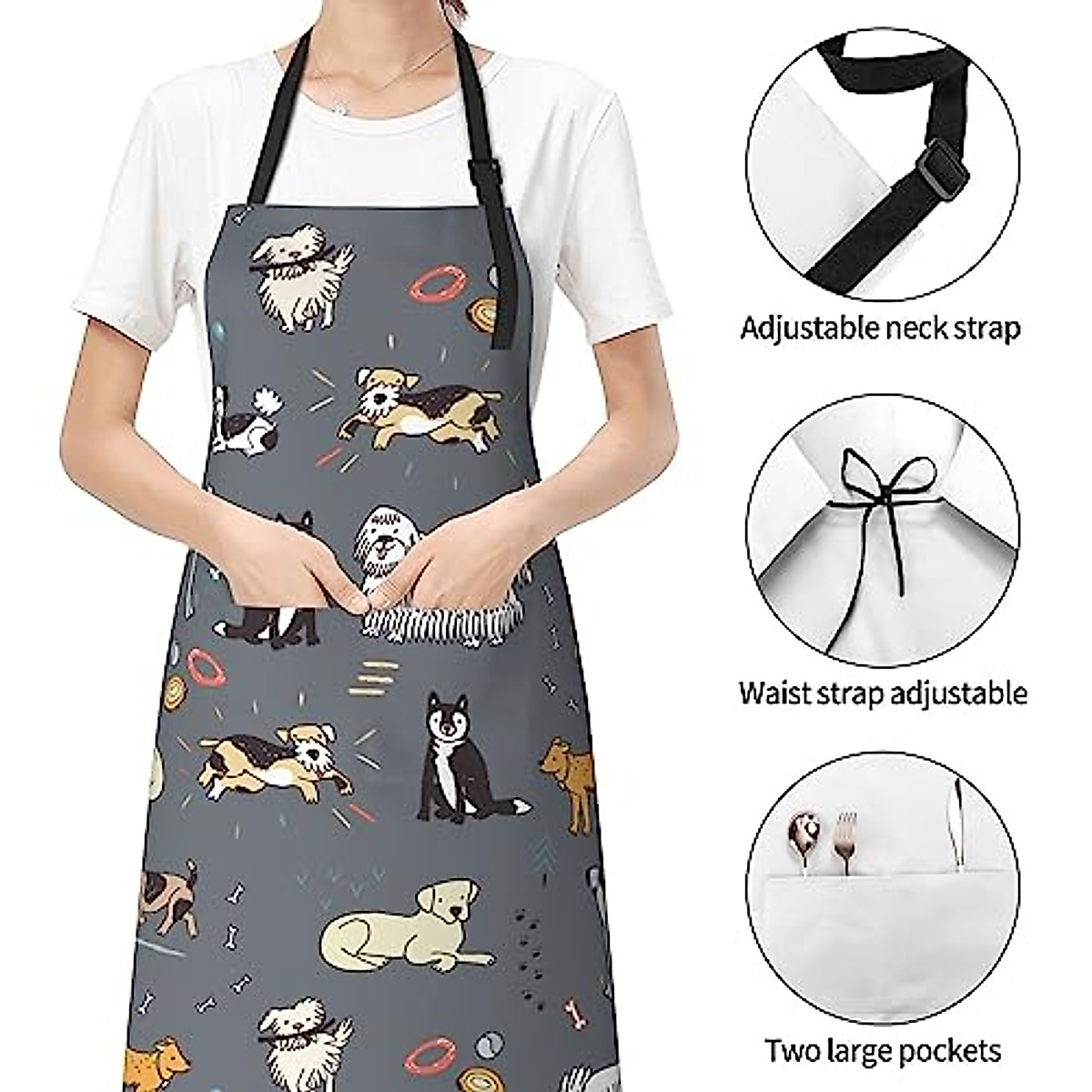 Perinsto Cute Dogs Animal (Dark Grey) Waterproof Apron With 2 Pockets Kitchen Chef Aprons Bibs For Cooking Baking Painting Gardening Grooming