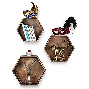 Rustic State Brooks Wall Mount Hexagon Honeycomb Box Geometric Floating Shelf Display Hanging Bookshelf Decorative Picture Ledge with Wood Back - Distressed Walnut - Multi Sizes - Set of 3
