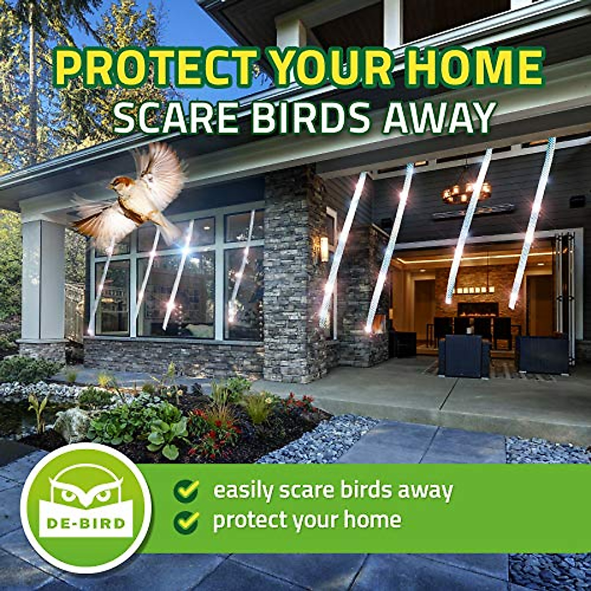 De-Bird: Scare Tape - Reflective Tape Outdoor to Keep Away Woodpecker, Pigeon, Grackles, and More. Stops Damage, Roosting, and Mess (350ft Roll)