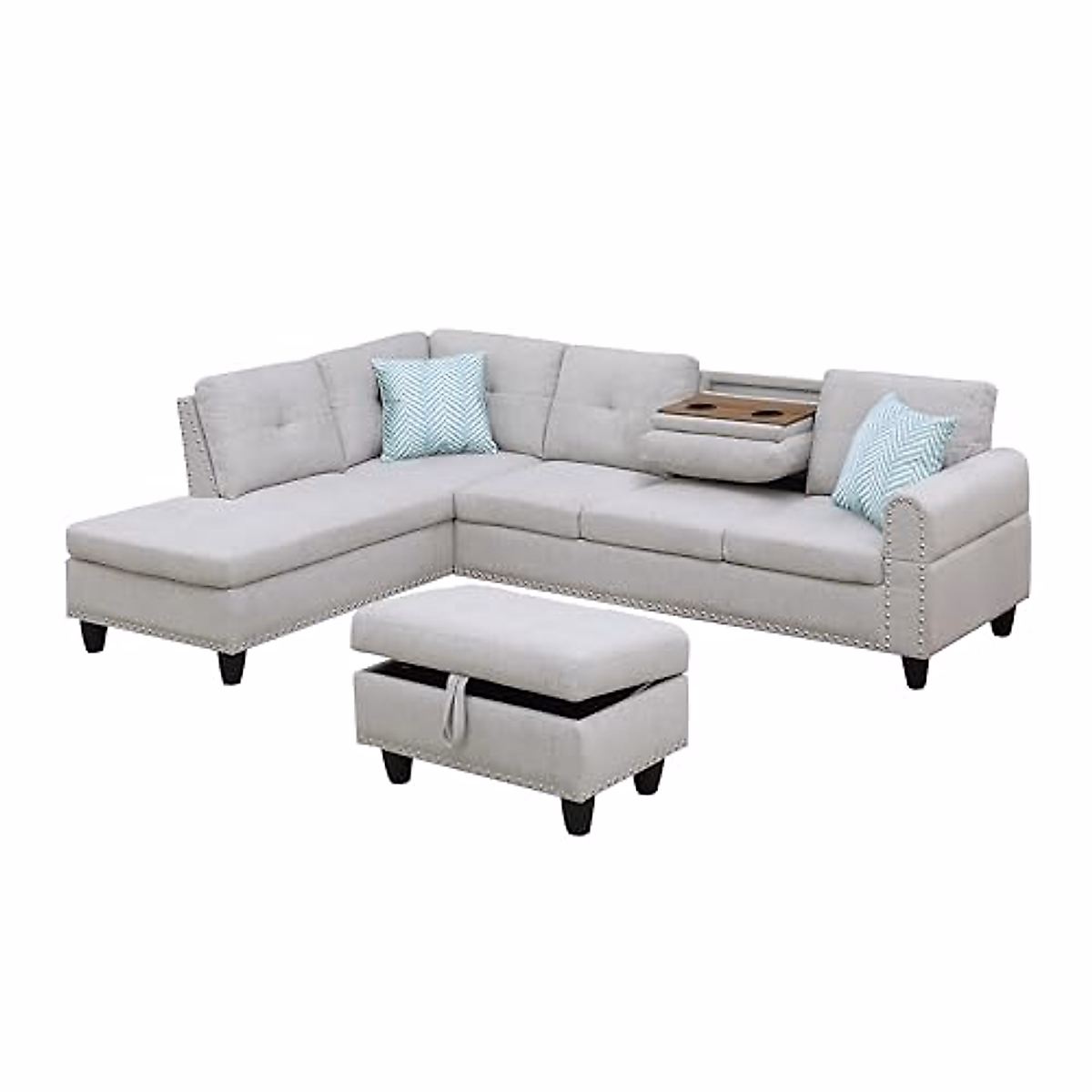 FANYE L-Shaped Sectional Sofa with Right Chaise & Nailhead Decor,Modern Faux Leather Tufted Upholstered Corner Sofa&Couch W/Cup Holders and Storage Ottoman for Home Apartment Office Living Room
