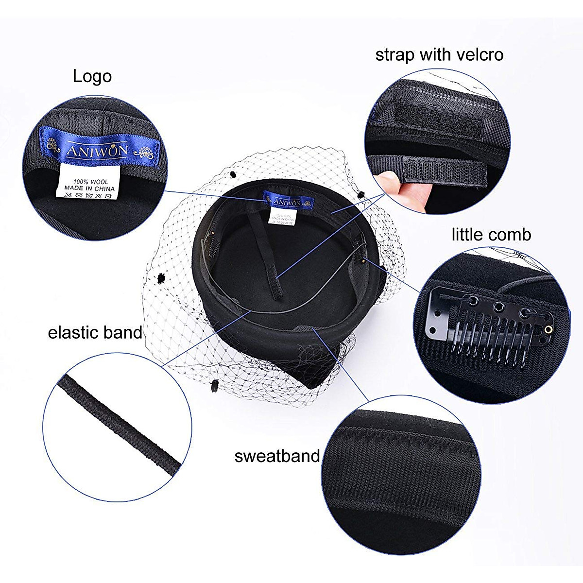 Aniwon Pillbox Hat, Wedding Hat Caps with Veil Vintage Bow Fascinator Hats Caps for Women A Black