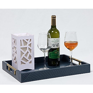 Serving Tray with Polished Metal Handles, 16.5''x12'' Rectangle Coffee Table Tray, Modern Decorative Tray, Large Ottoman Tray, Perfect for Storage and Display (Blue)