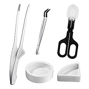 Woyrise 3Pcs Reptile Feeding Tongs, Long Stainless Steel Tweezers, Rubber Tipped Tweezers, Bug Scooper Cricket Clamp, 2Pcs Reptile Food Bowl Water Dish for Lizard,Gecko,Spider,Snakes