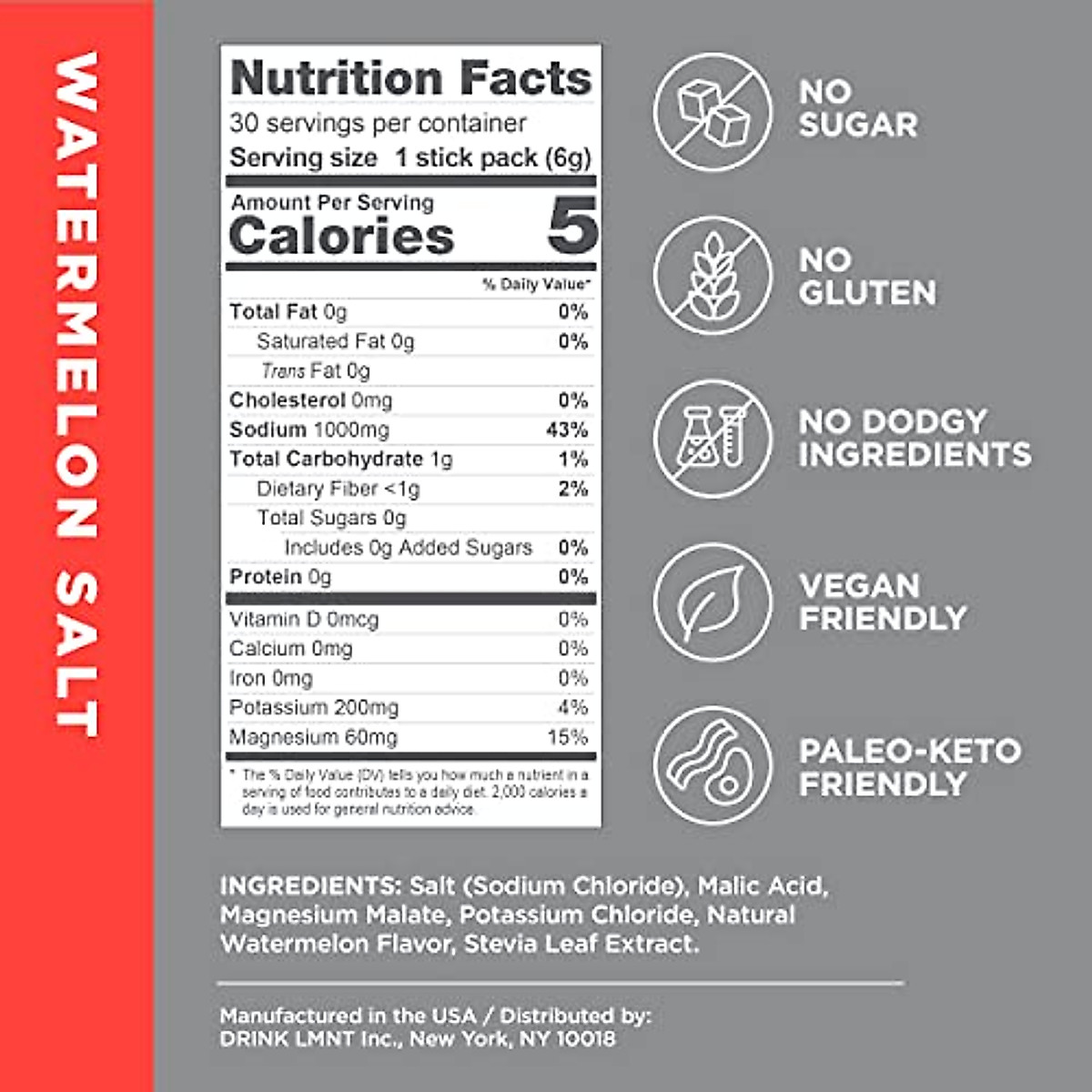 LMNT Keto Electrolyte Powder Packets | Paleo Hydration Powder | No Sugar, No Artificial Ingredients | Watermelon Salt | 30 Stick Packs