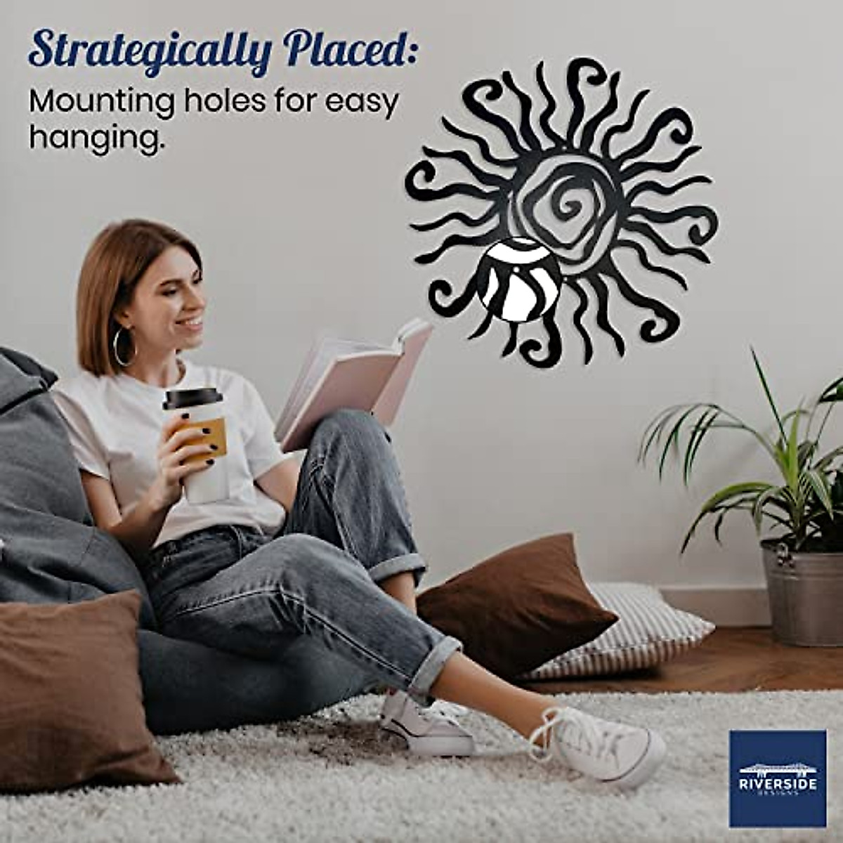 Riverside Designs Wacky Sun Metal Wall Art Indoor/Outdoor Decor - 18" Black Rust Proof Wall Sculpture - Made in USA - Ideal for Bedroom, Garden, Home, Patio and Farmhouse