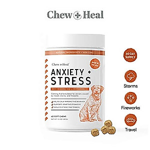 Chew + Heal Dog Calming Treats - 60 Soft Chews, Anxiety Supplement - Stress Relief Thiamine and L-Tryptophan for Travel, Storms, Fireworks - with Ginger and Melatonin - Made in The USA