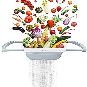 DLD Kitchen Collapsible, Collapsible Silicone,Colander Strainer Over The Sink Vegetable, Fruit Colanders Strainers With Extendable Handles, Folding Strainer for Kitchen (Gray&white)